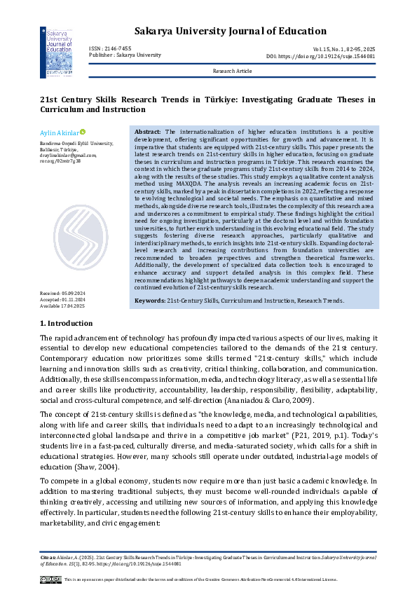 (PDF) 21st Century Skills Research Trends in Türkiye: Investigating Graduate Theses in ...