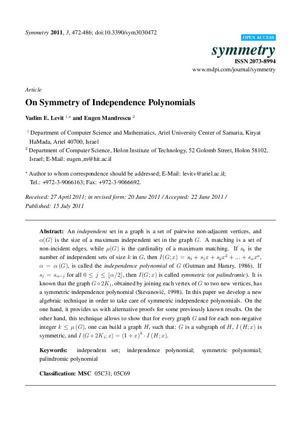 (PDF) On Symmetry of Independence Polynomials