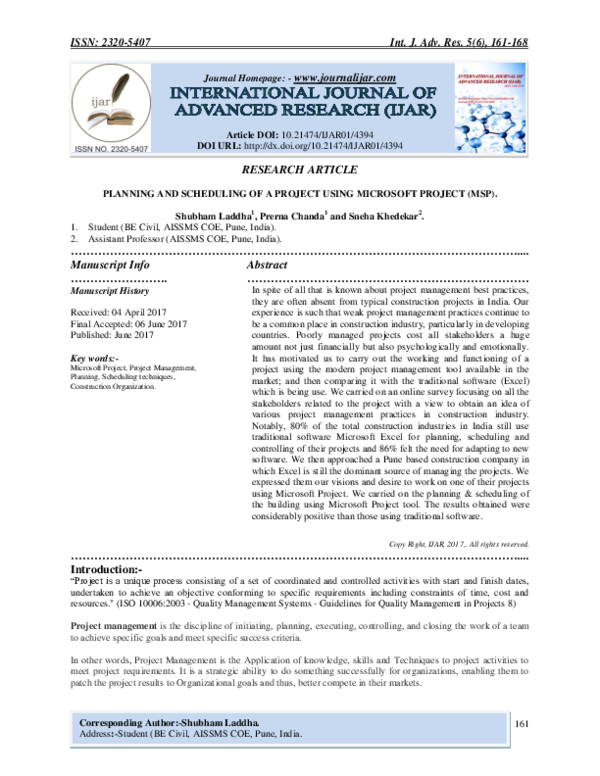 (PDF) Planning and Scheduling of a Project Using Microsoft Project (MSP)