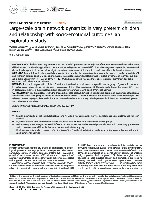 (PDF) Large-scale brain network dynamics in very preterm children and relationship with socio ...