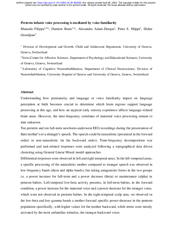 (PDF) Preterm infants show an atypical processing of the mother’s voice