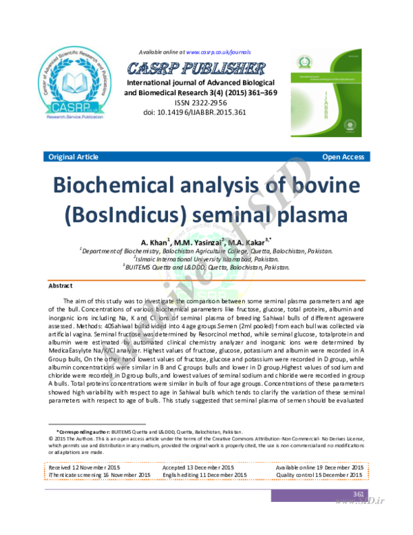 (PDF) Biochemical analysis of bovine (BosIndicus) seminal plasma