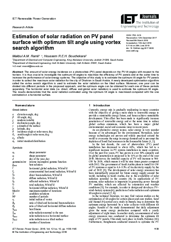 (PDF) Estimation of solar radiation on PV panel surface with optimum tilt angle using vortex ...