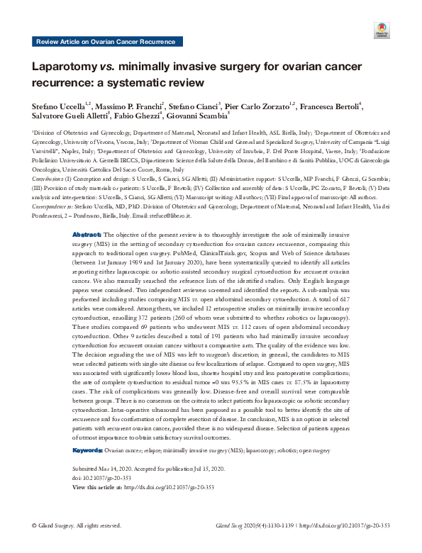 (PDF) Laparotomy vs. minimally invasive surgery for ovarian cancer ...