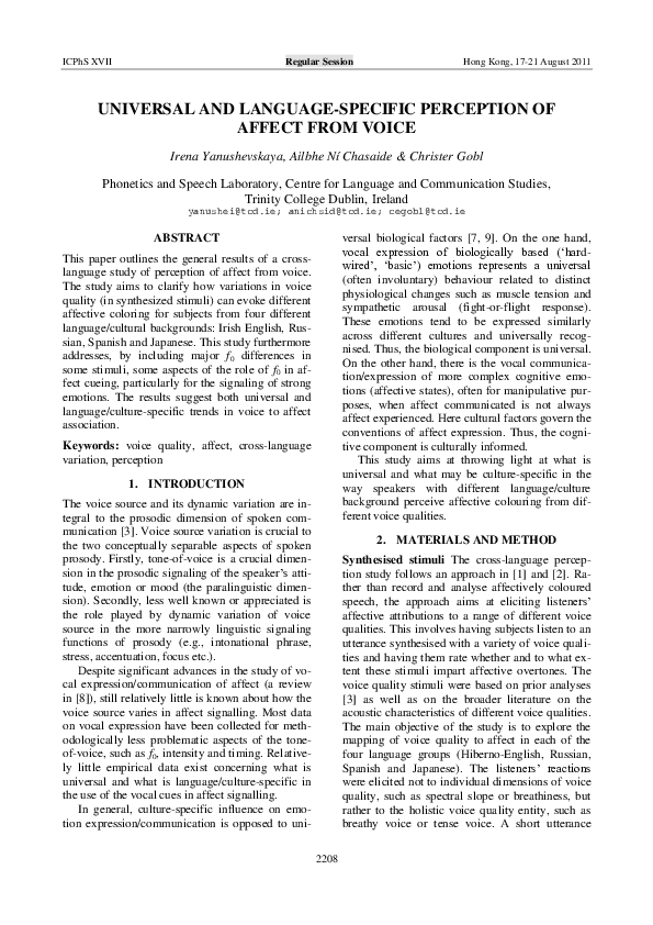 (PDF) Universal and Language-specific Perception of Affect from Voice