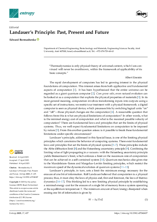 (PDF) Landauer's Principle: Past, Present and Future