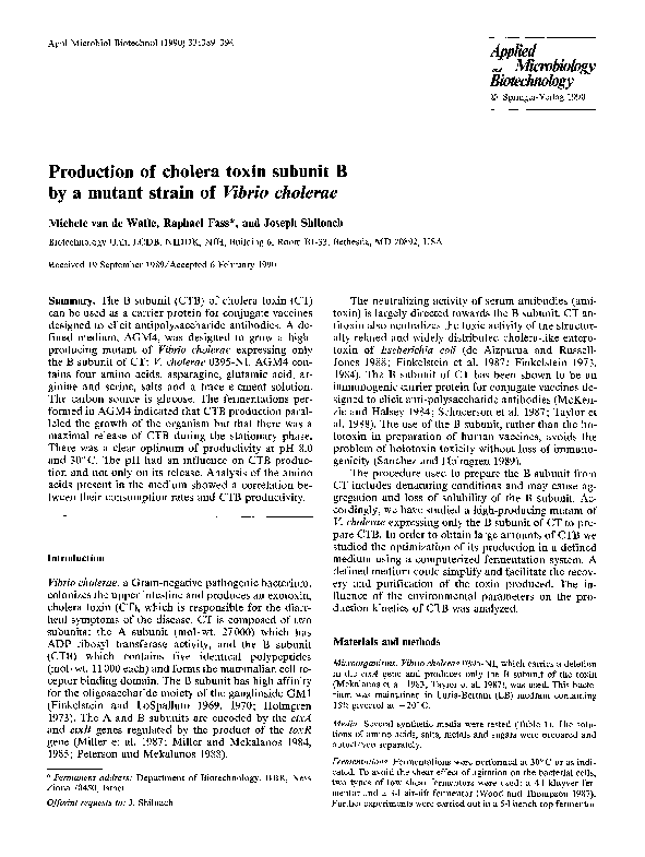 (PDF) Production of cholera toxin subunit B by a mutant strain of ...
