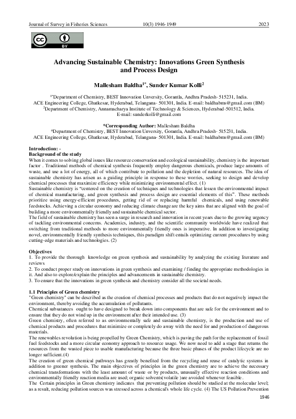 (PDF) Advancing Sustainable Chemistry: Innovations Green Synthesis and ...