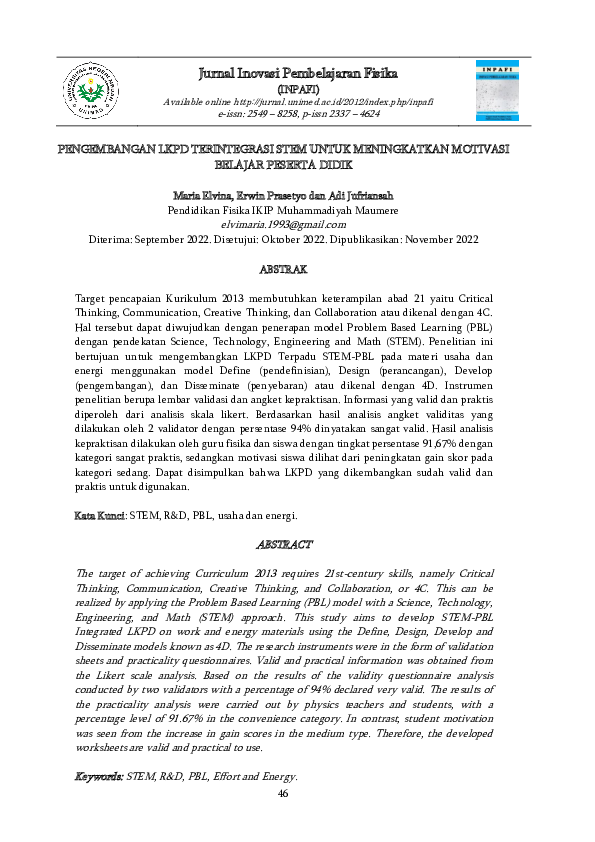 (PDF) Pengembangan LKPD Terintegrasi Stem Untuk Meningkatkan Motivasi ...
