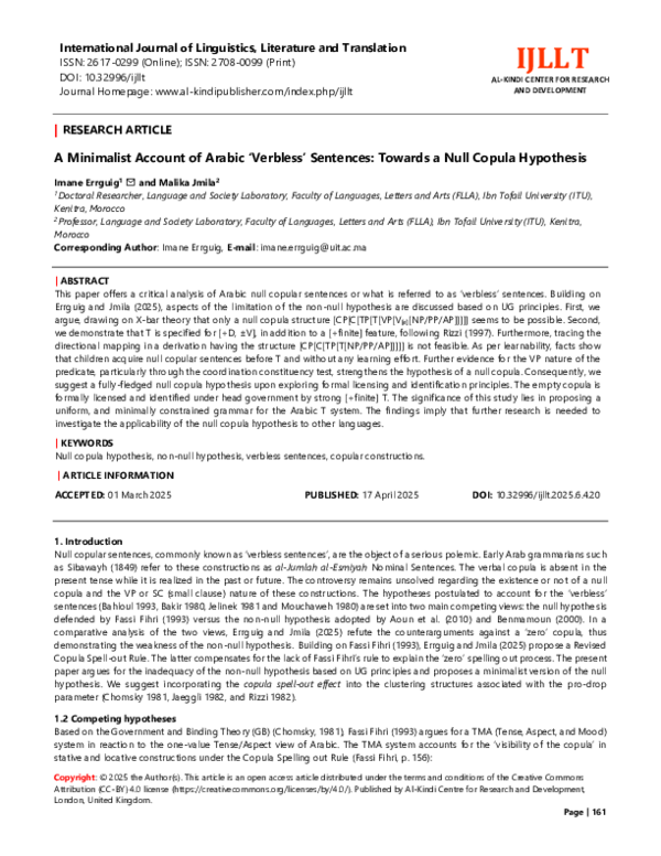 (PDF) A Minimalist Account of Arabic ‘Verbless’ Sentences: Towards a ...