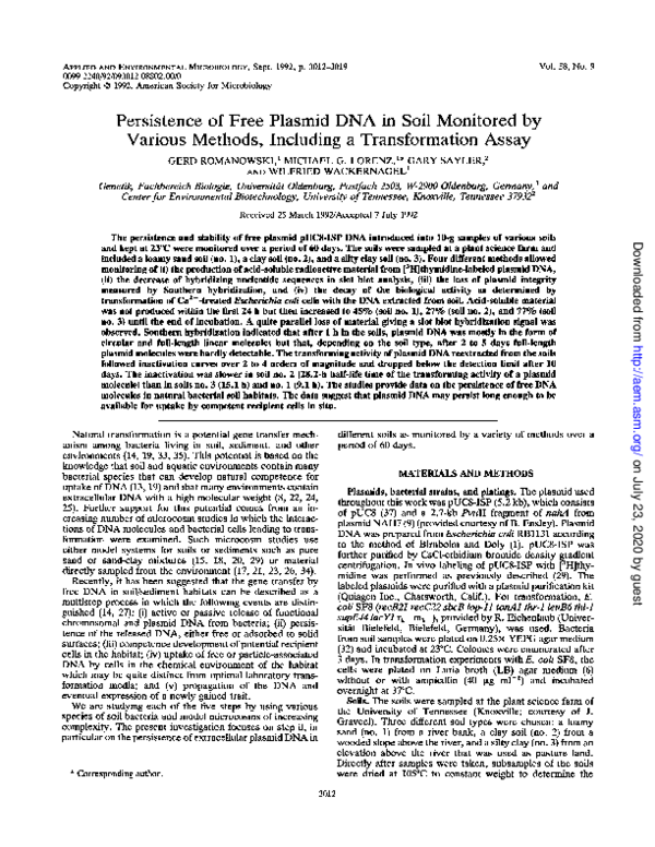 (PDF) Persistence of Free Plasmid DNA in Soil Monitored by Various Methods, Including a ...