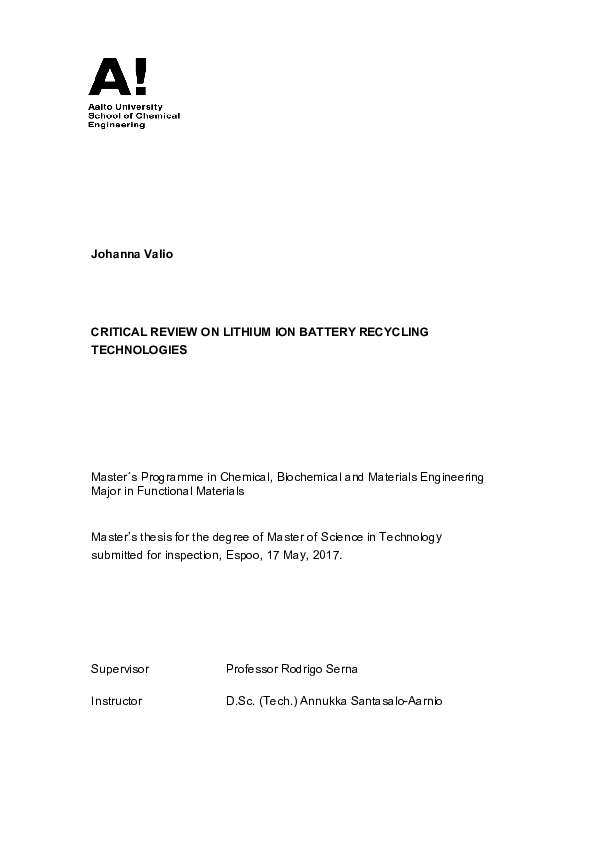 (PDF) Johanna Valio CRITICAL REVIEW ON LITHIUM ION BATTERY RECYCLING TECHNOLOGIES Master ́s ...