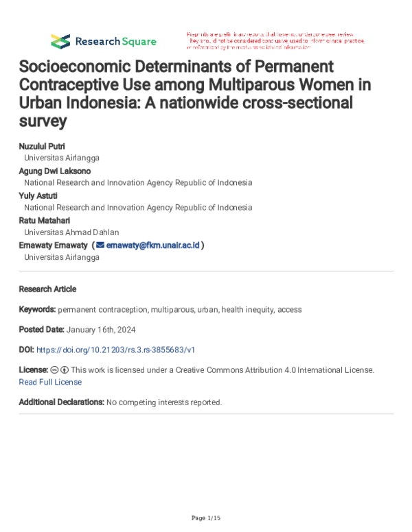 (PDF) Socioeconomic Determinants of Permanent Contraceptive Use among Multiparous Women in Urban ...
