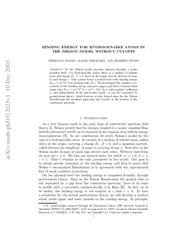 (PDF) Binding energy for hydrogen-like atoms in the Nelson model ...