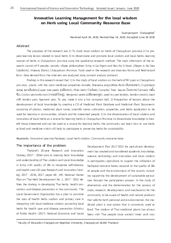 (PDF) Innovative Learning Management for the local wisdom on Herb using Local Community Resource ...