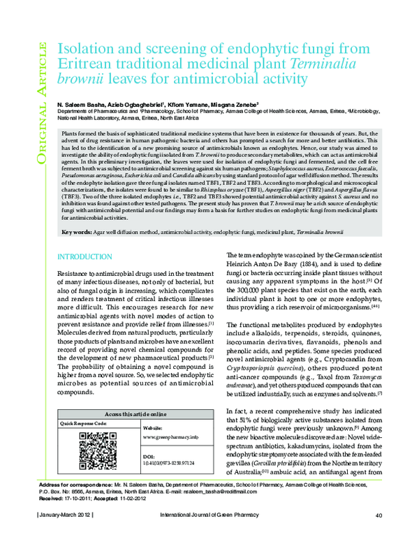 (PDF) Isolation and screening of endophytic fungi from Eritrean traditional medicinal plant ...