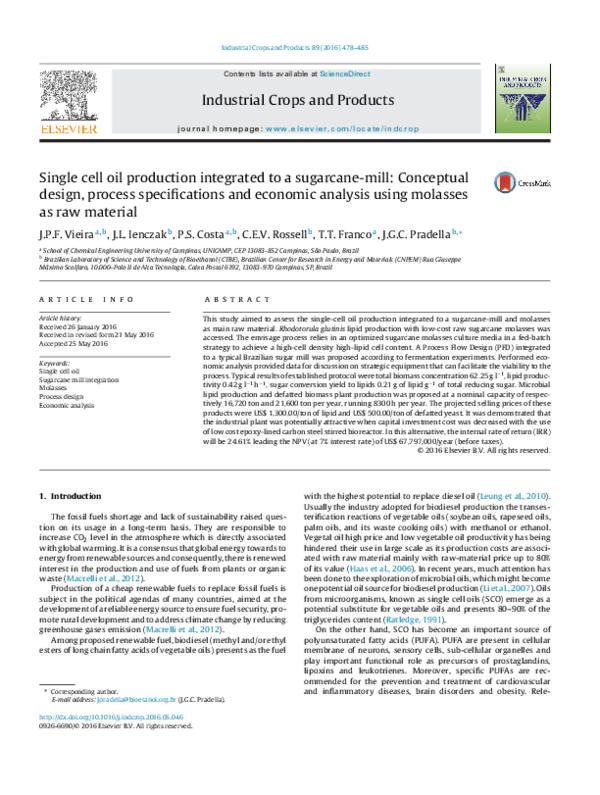 (PDF) Single cell oil production integrated to a sugarcane-mill ...