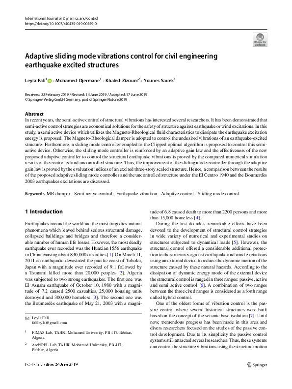 (PDF) Adaptive sliding mode vibrations control for civil engineering ...