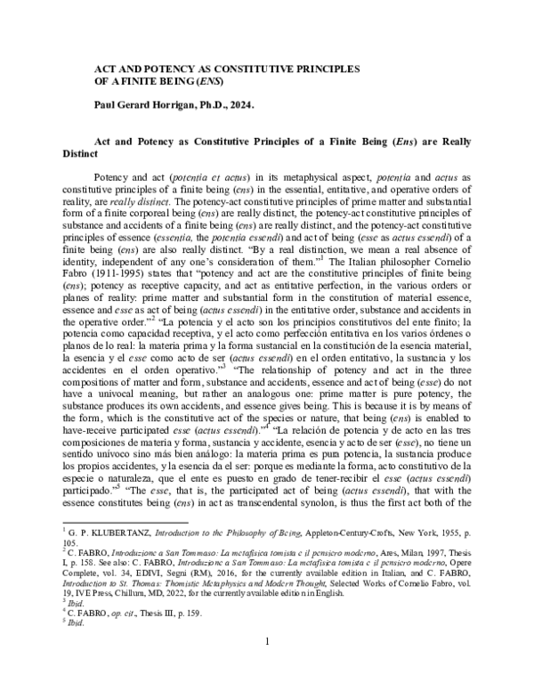 (PDF) Act and Potency as Constitutive Principles of a Finite Being (Ens)
