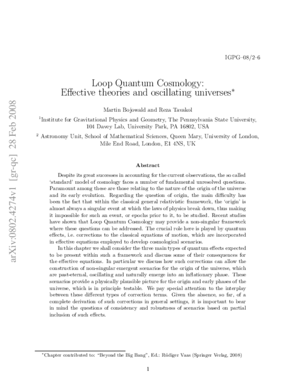 (PDF) Loop Quantum Cosmology: Effective theories and oscillating universes