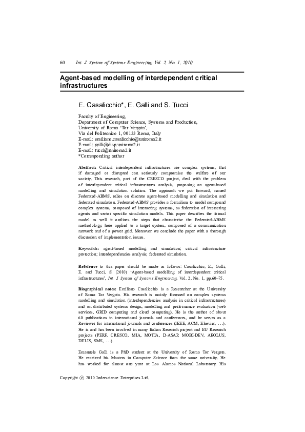 (PDF) Agent-based modelling of interdependent critical infrastructures