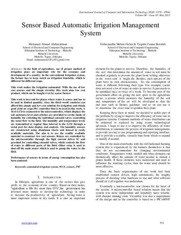 (PDF) Sensor Based Automatic Irrigation Management System