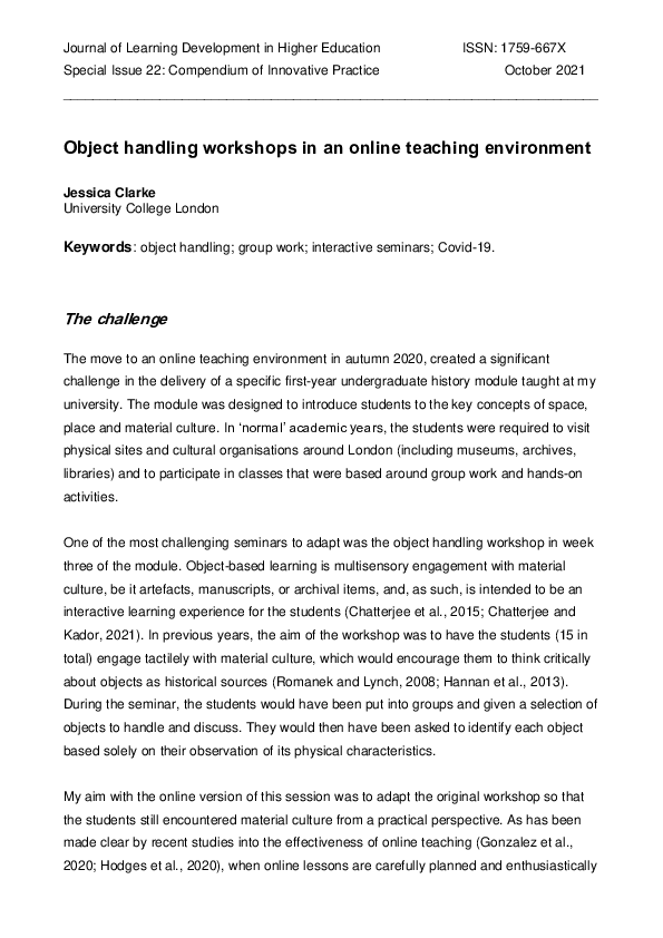 (PDF) Object handling workshops in an online teaching environment