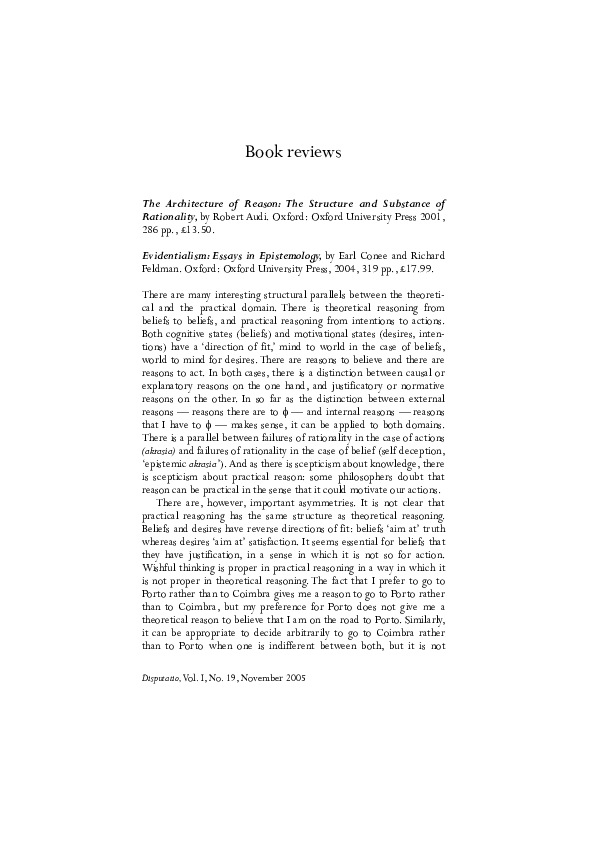(PDF) Review of conee feldman, Evidentialism; Audi , Architecture of reason