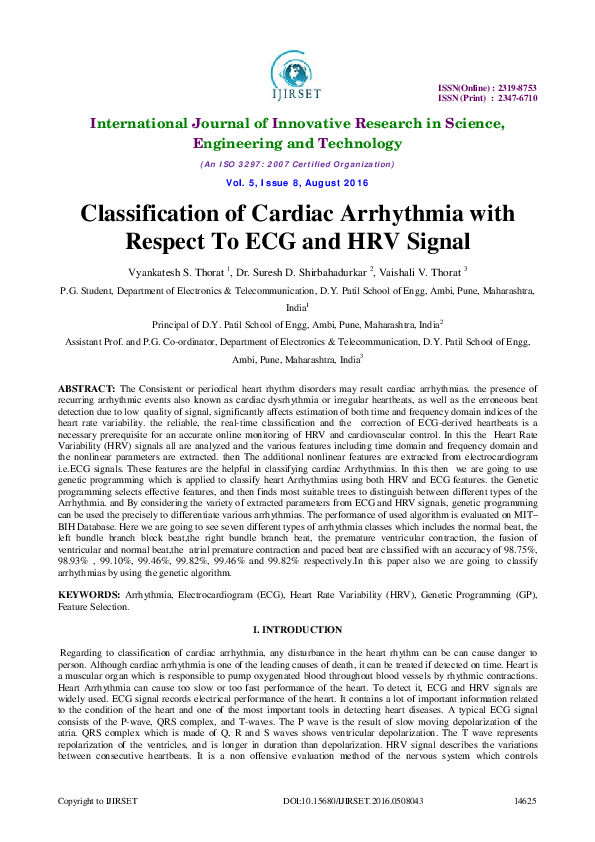 (PDF) Classification of Cardiac Arrhythmia with Respect To ECG and HRV ...