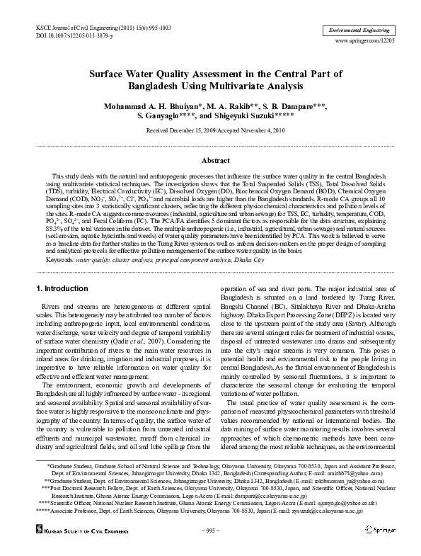 Pdf Surface Water Quality Assessment In The Central Part Of Bangladesh Using Multivariate Analysis