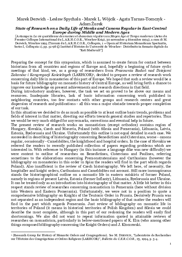 (PDF) State of Research on a Daily Life of Monks and Canons Regular in ...