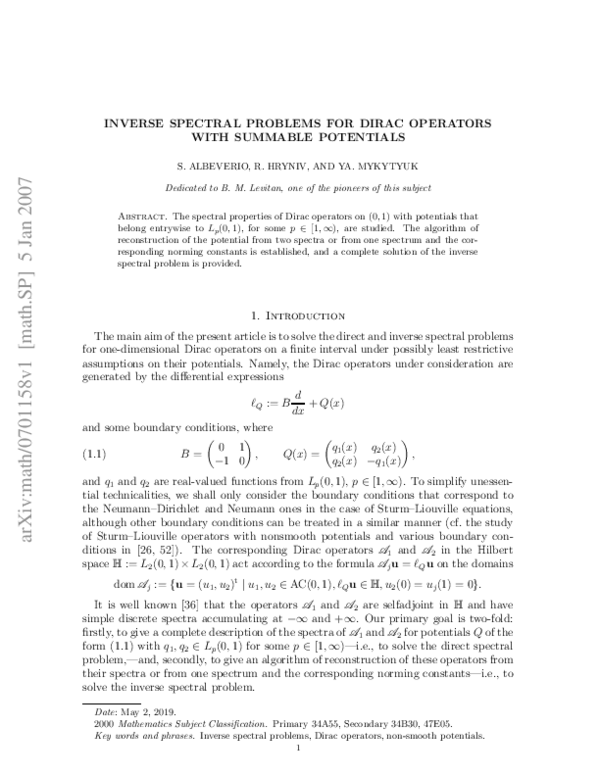 (PDF) Inverse spectral problems for Dirac operators with summable ...