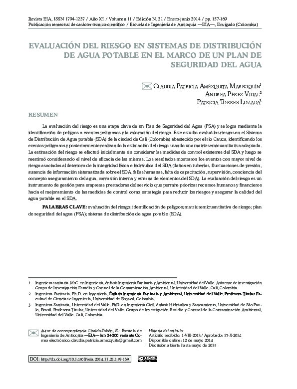 (PDF) Evaluación Del Riesgo en Sistemas De Distribución De Agua Potable en El Marco De Un Plan ...