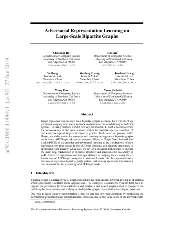 (PDF) Adversarial Representation Learning on Large-Scale Bipartite Graphs