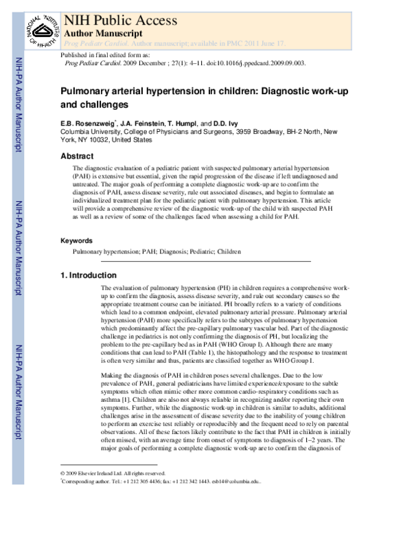 (PDF) Pulmonary arterial hypertension in children: Diagnostic work-up ...