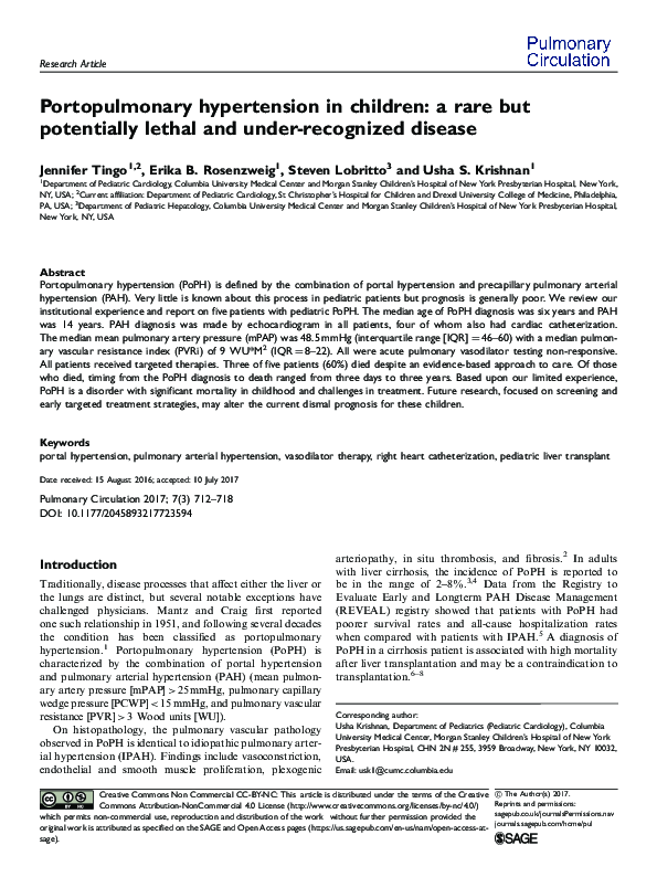(PDF) Portopulmonary hypertension in children: a rare but potentially ...