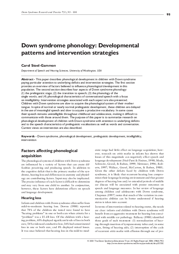 (PDF) Down syndrome phonology: Developmental patterns and intervention strategies