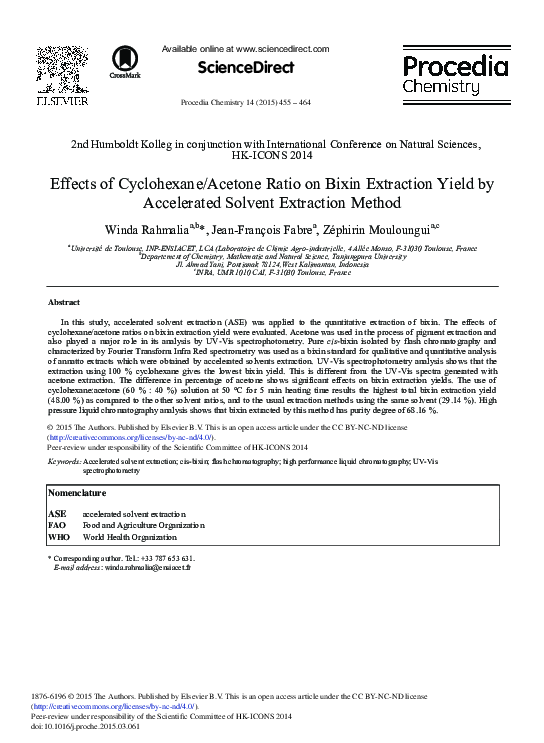 (PDF) Effects of Cyclohexane/Acetone Ratio on Bixin Extraction Yield by Accelerated Solvent ...