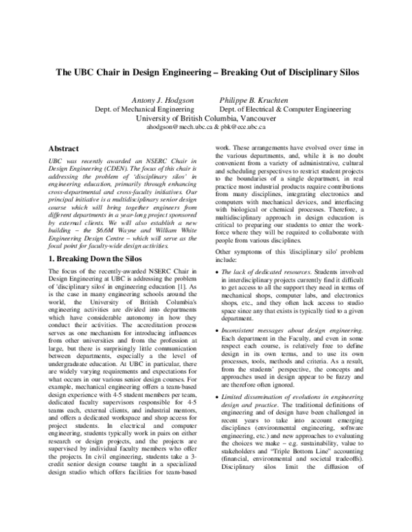 (PDF) Introducing the Ubc Chair in Design Engineering - Breaking Out of Disciplinary Silos