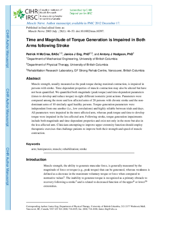 (PDF) Time and magnitude of torque generation is impaired in both arms ...