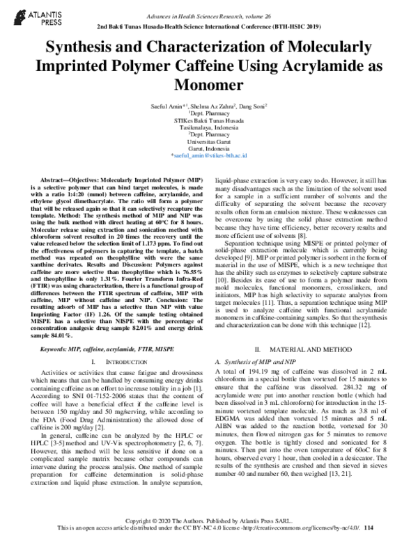 (PDF) Synthesis and Characterization of Molecularly Imprinted Polymer Caffeine Using Acrylamide ...