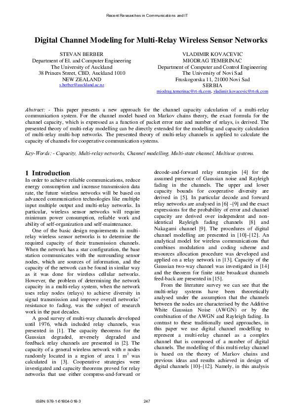 (PDF) Digital Channel Modeling for Multi-Relay Wireless Sensor Networks