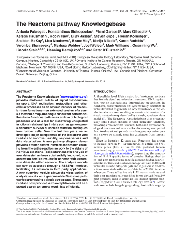 (PDF) The Reactome pathway Knowledgebase