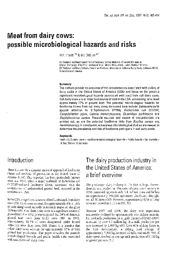 (PDF) Meat from dairy cows: possible microbiological hazards and risks