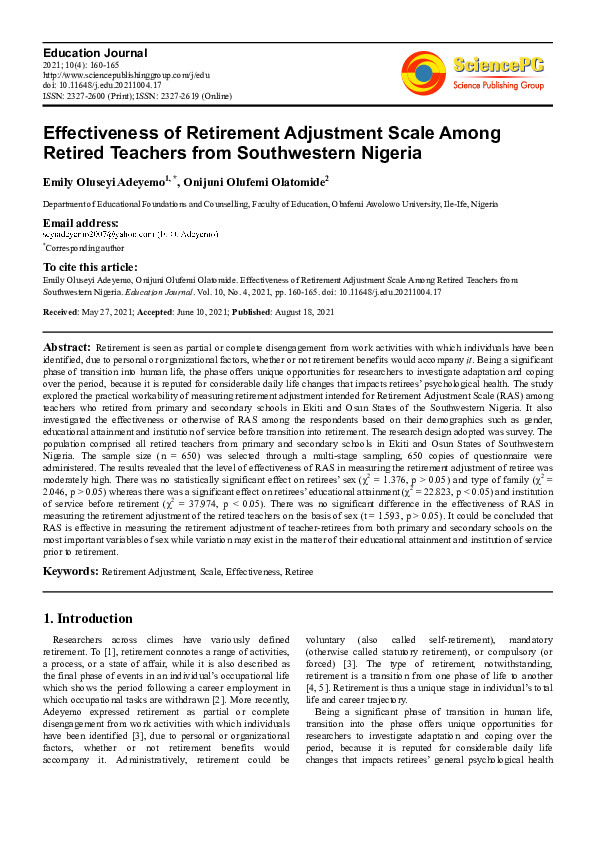 (PDF) Effectiveness of Retirement Adjustment Scale Among Retired ...