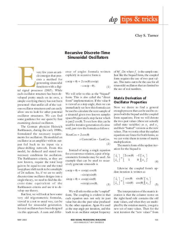 (PDF) Recursive discrete-time sinusoidal oscillators