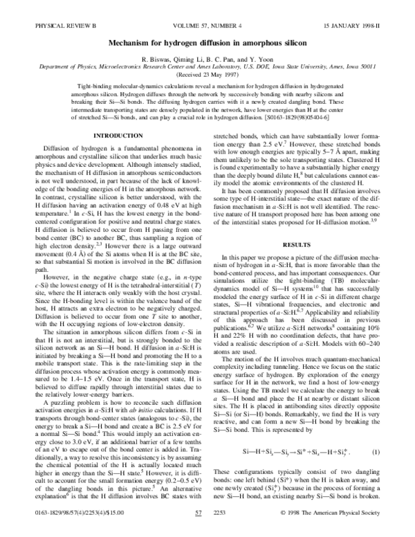 (PDF) Mechanism for hydrogen diffusion in amorphous silicon