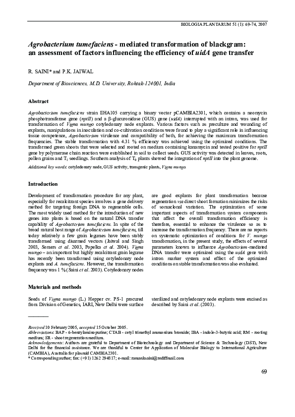 (PDF) Agrobacterium tumefaciens-mediated transformation of blackgram ...