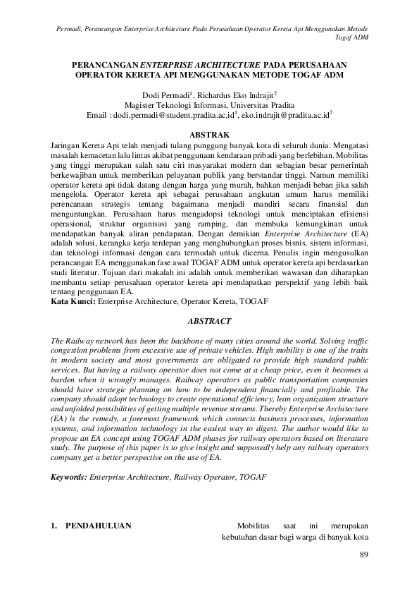 (PDF) Perancangan Enterprise Architecture Pada Perusahaan Operator Kereta Api Menggunakan Metode ...