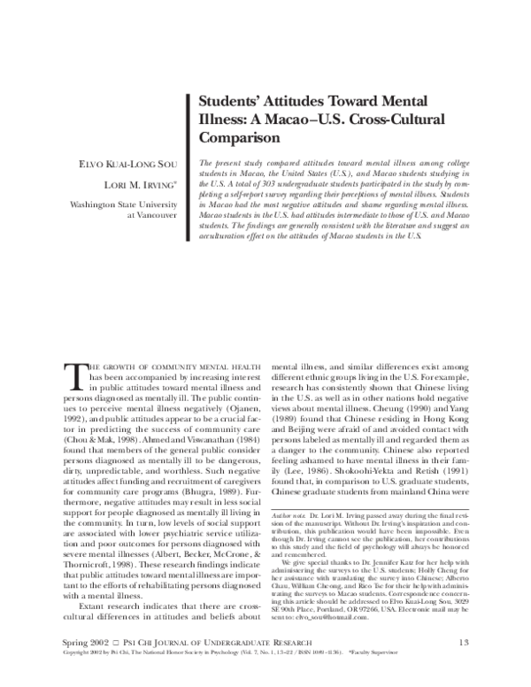 (PDF) Students' Attitudes Toward Mental Illness: A Macao–U.S. Cross-Cultural Comparison